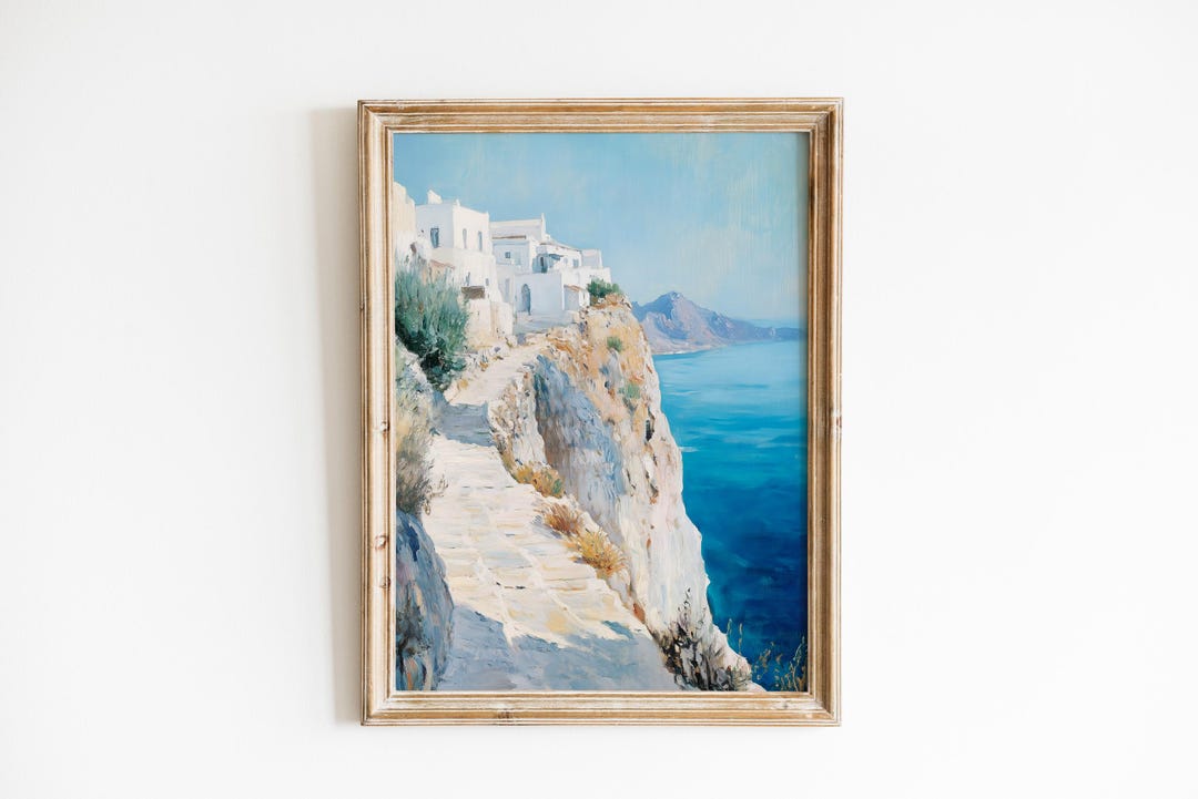 Coastal Greek Scene Printable Art - Sunlit Aegean Caldera Cliff Path ...