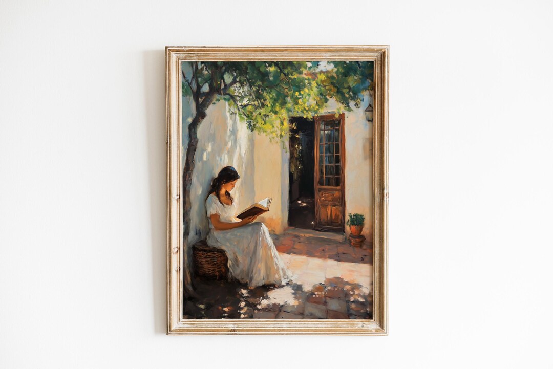 Classic Woman Reading in Sunlit Courtyard - Peaceful Vintage Oil ...