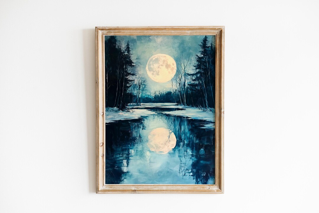 Moonlit Winter Pond Printable Art - Moody Full Moon Reflected in Icy ...