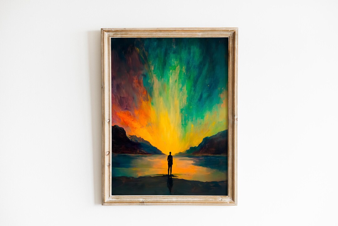 Moody Printable Aurora Landscape Painting - Dramatic Figure on ...