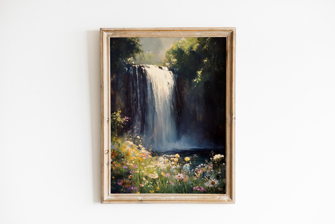 Moody Waterfall Landscape Art Printable - Cottagecore Nature Scene With ...