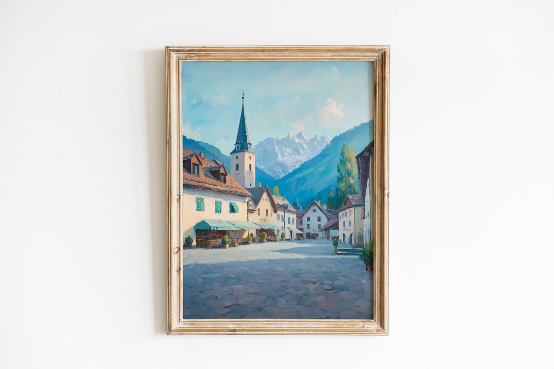 Rustic Alpine Market Square Painting - Serene Austrian Village, Early ...