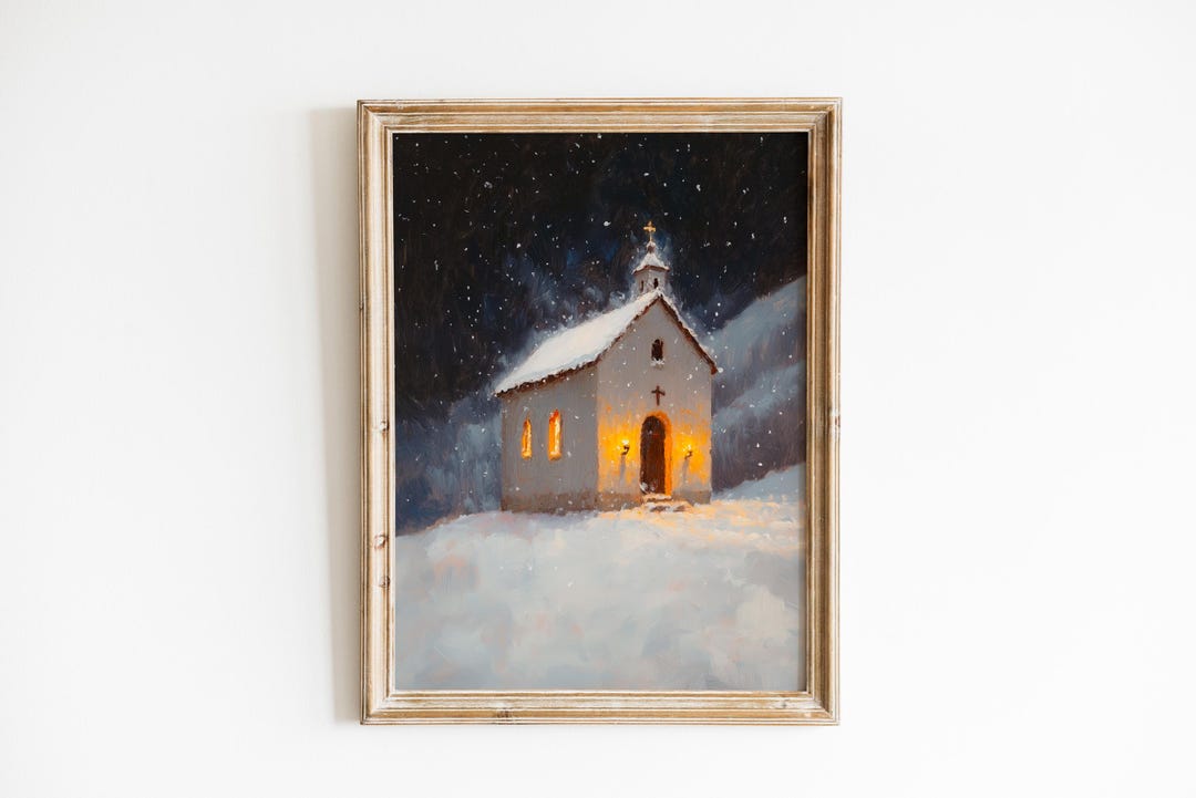 Printable Snowy Chapel Painting - Cozy Winter Scene Art, Rustic Church ...