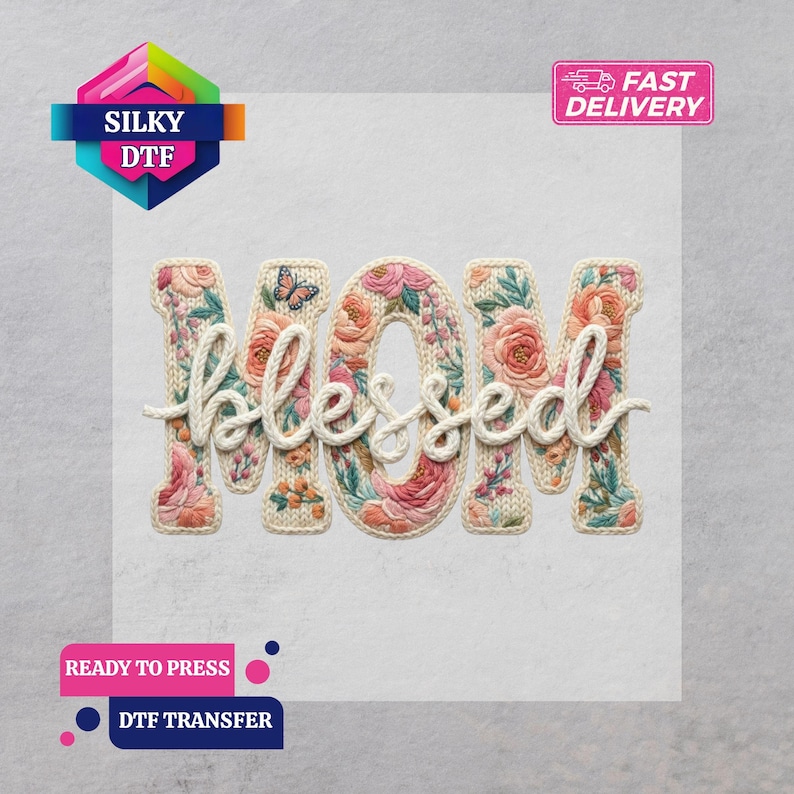 Faux Yarn Blessed Mom DTF Transfer, Floral Mama Iron-on Decal, Ready ...