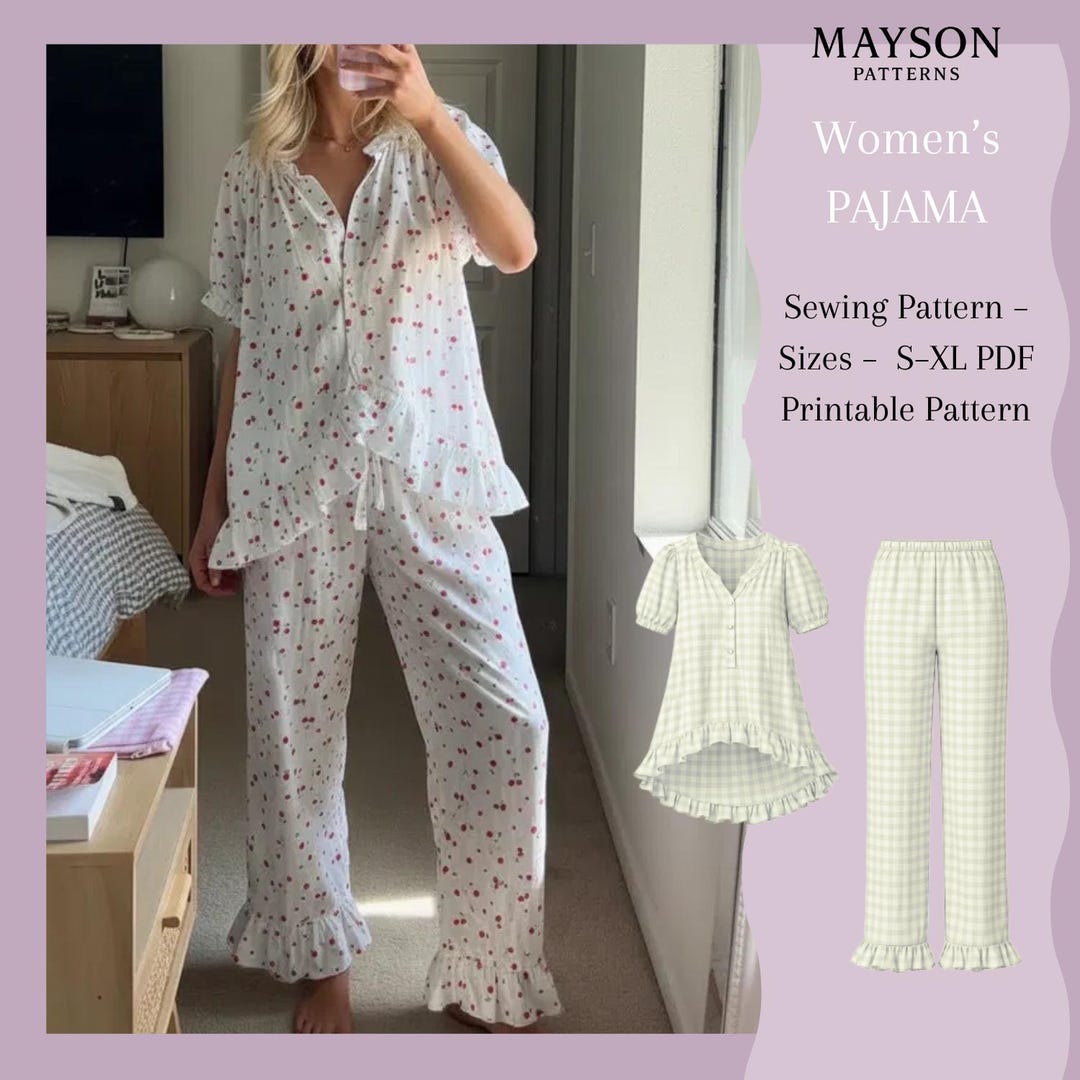 Women’s Pajama Sewing Pattern PDF | Ruffle Top & Pants Set | Sizes S–XL ...