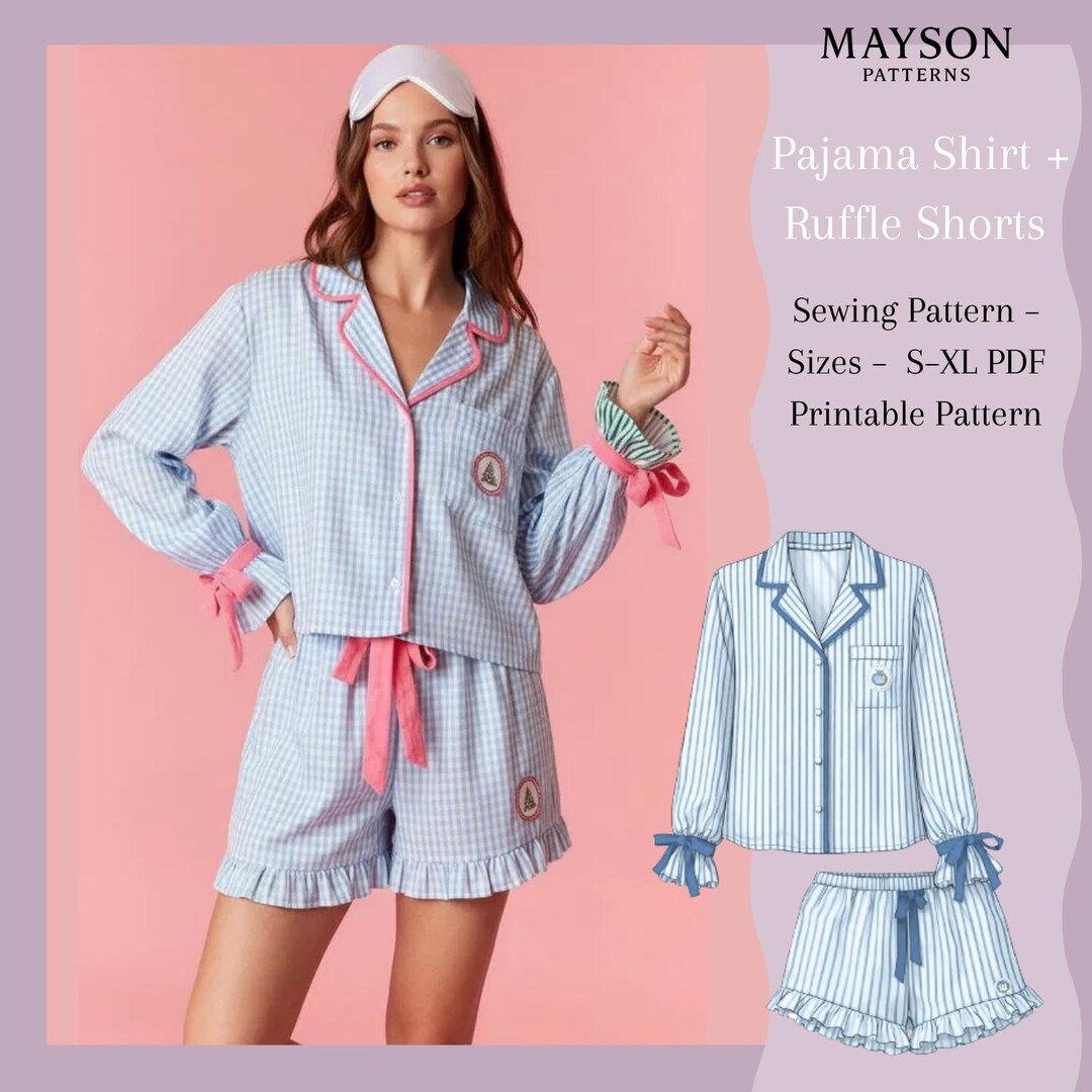 Pajama Sewing Pattern PDF | Button-up Pajama Shirt + Ruffle Shorts ...
