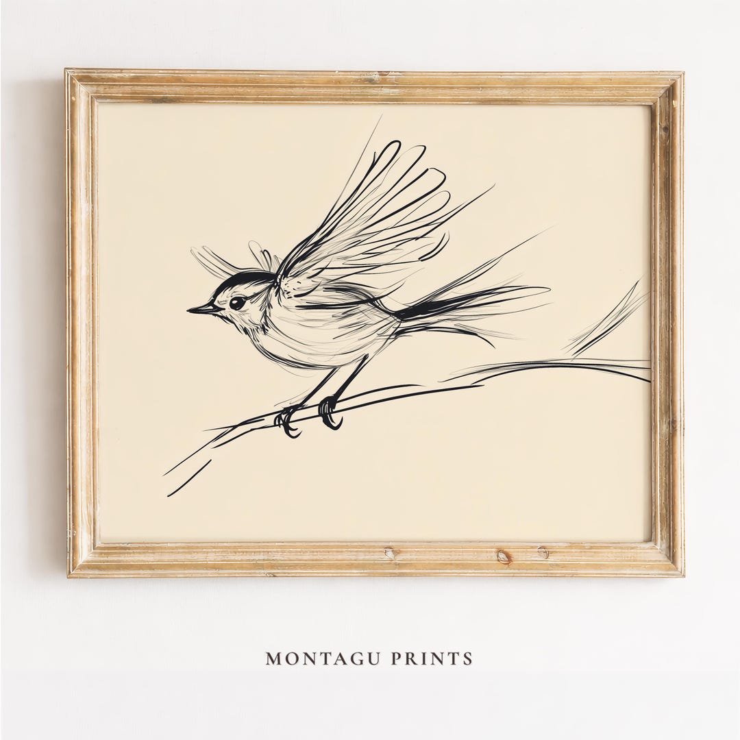 Rustic Robin Landing on Branch Sketch - Minimalist Line Art ...