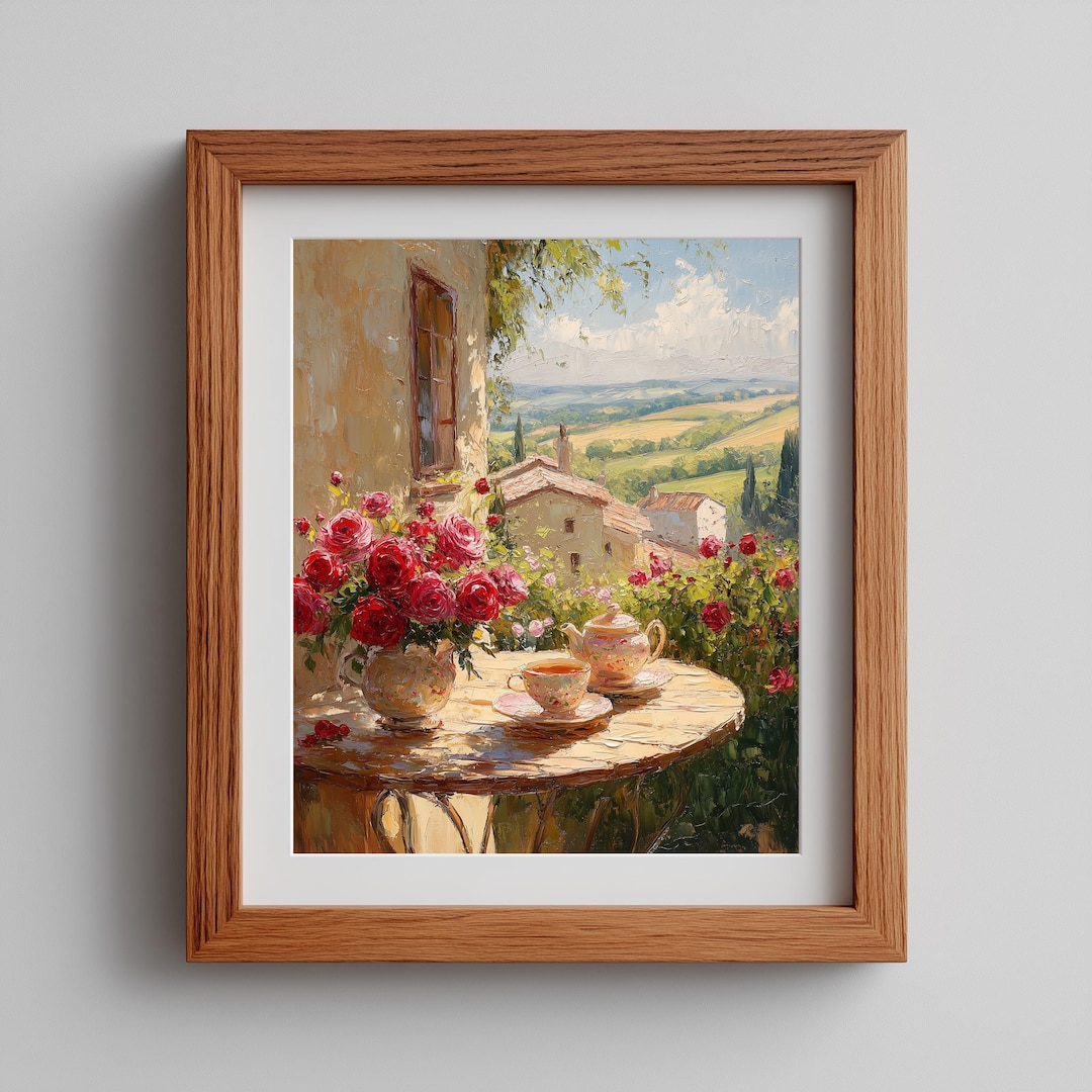 Cozy Cottagecore Café Terrace Art, Vintage Rustic Patio With Tea Set ...