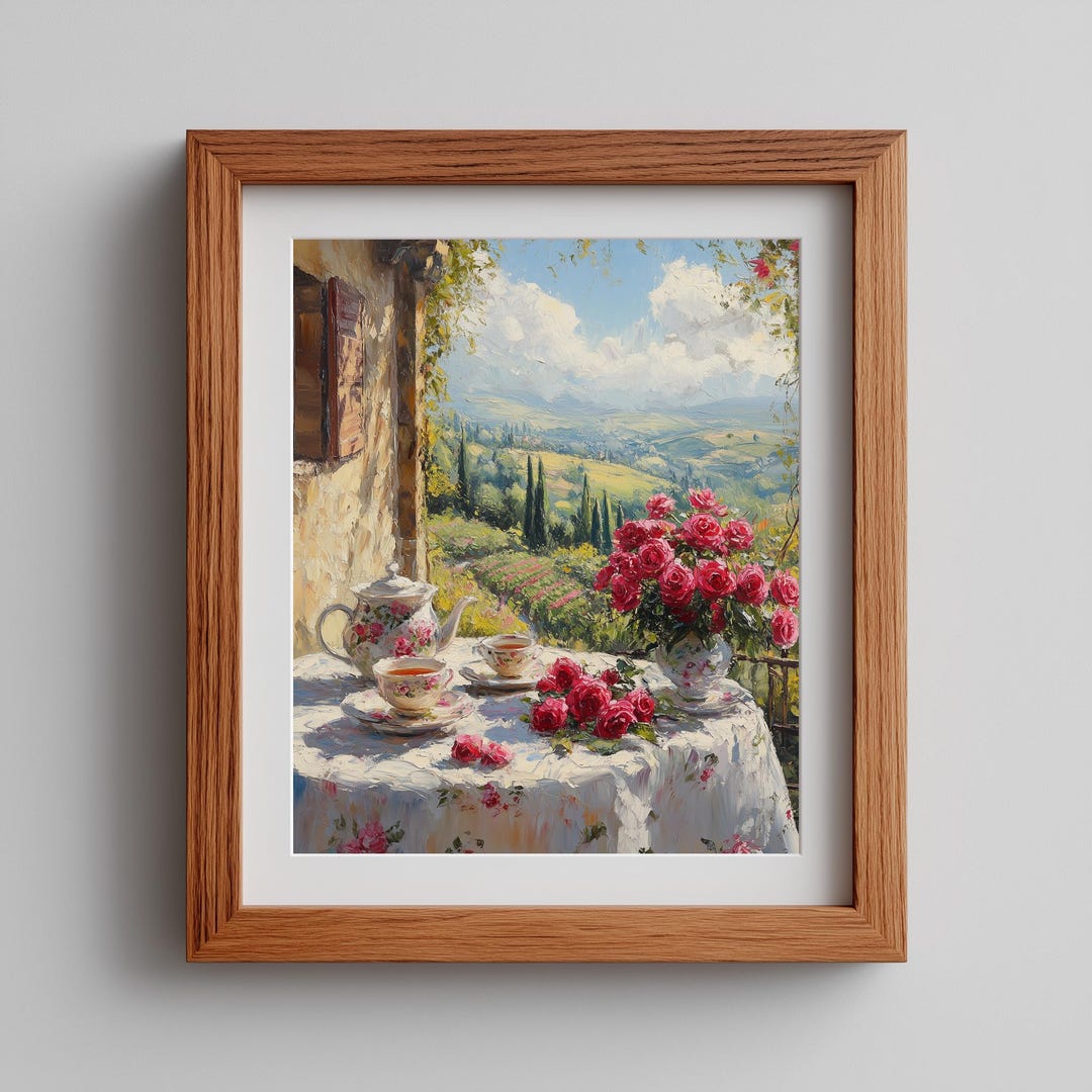 Cottagecore Café Terrace Scene With Teapot & Roses - Vintage Rustic ...