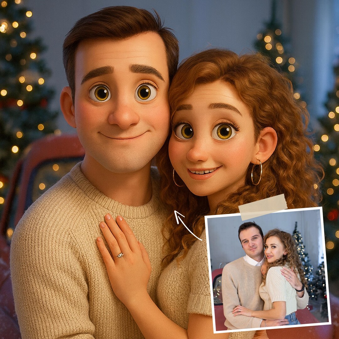 Custom Cartoon Christmas Couple Portrait From Photo, Romantic Xmas Gift ...