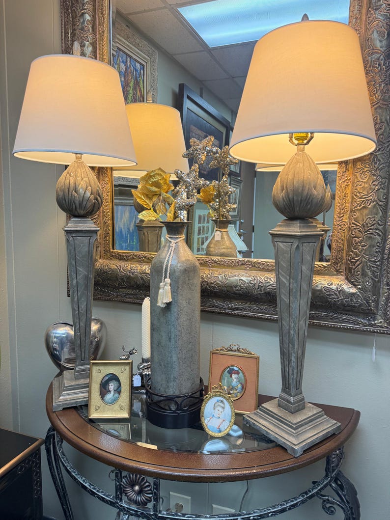 Heavy Cast Metal Table Lamps – Pair – Tall Traditional Column Design ...