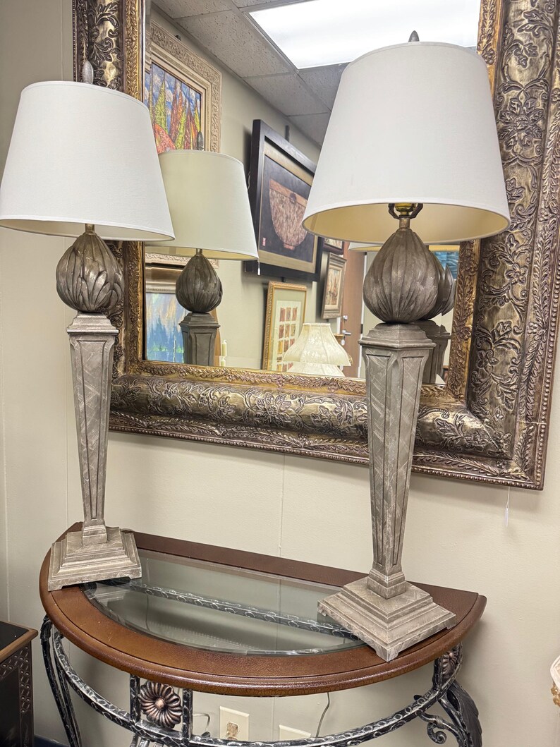 Heavy Cast Metal Table Lamps – Pair – Tall Traditional Column Design ...