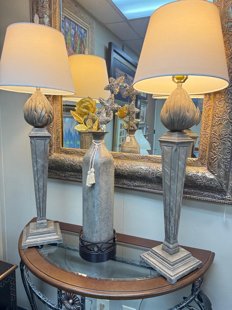 Heavy Cast Metal Table Lamps – Pair – Tall Traditional Column Design ...