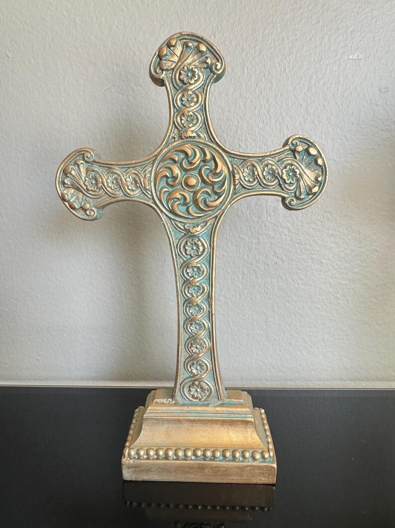 Set of 2 Decorative Resin Crosses – Gold & Aqua Vintage Style 9” Tall ...