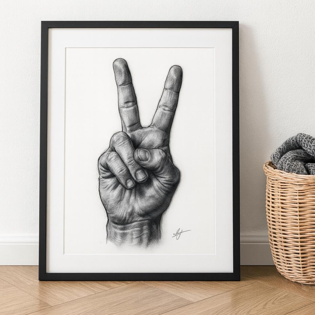 Peace Sign Hand Drawing – Minimalist Line Art Printable, Symbolic Wall ...