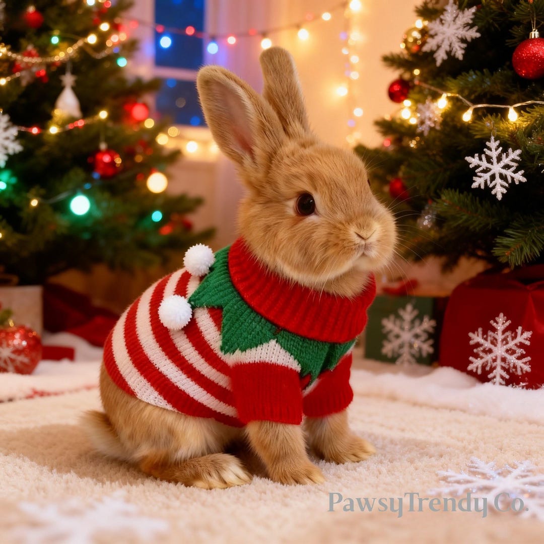 Rabbit Christmas Jumper, Holiday Bunny Outfit With Christmas Tree ...