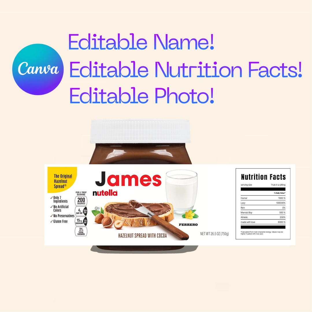 Personalized Nutella Jar Labels, Custom Hazelnut Spread Labels, Custom ...
