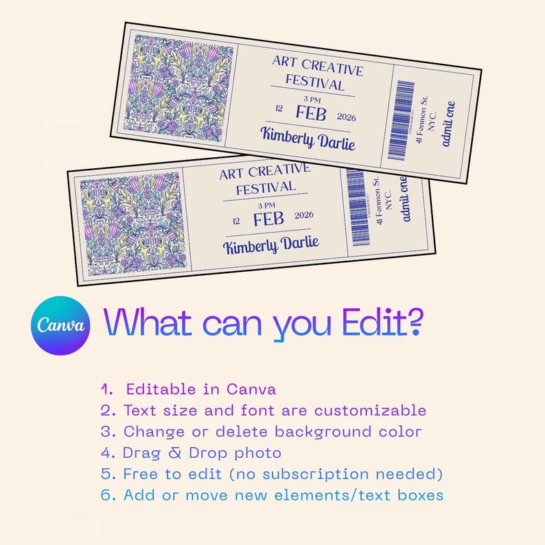Editable Art-gallery Ticket Canva Birthday Idea Surprise Gift Template ...