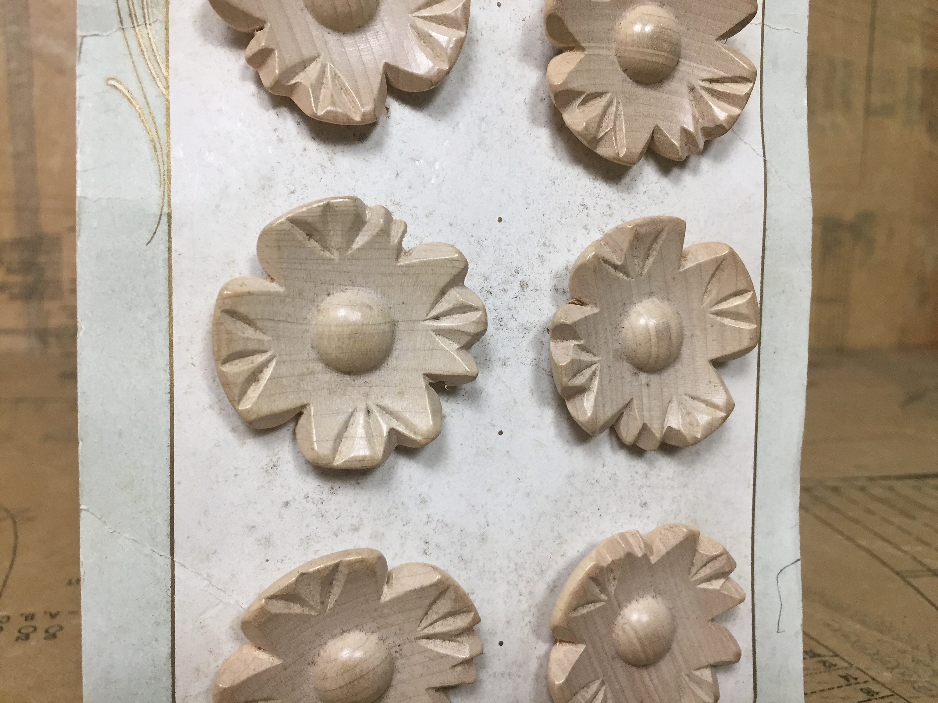 Vintage Hand Carved Natural Wooden Buttons, Flower Buttons Set of 6 on ...