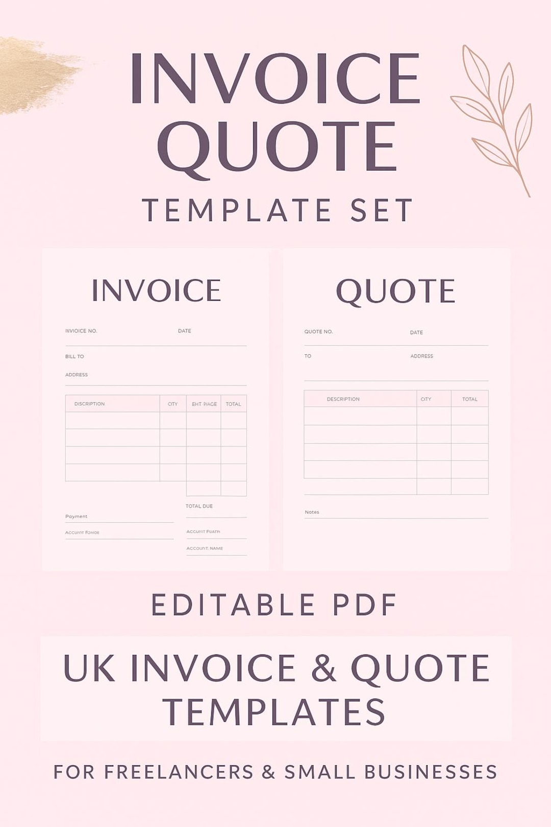 UK Invoice & Quote Template | Feminine Editable PDF for Freelancers ...