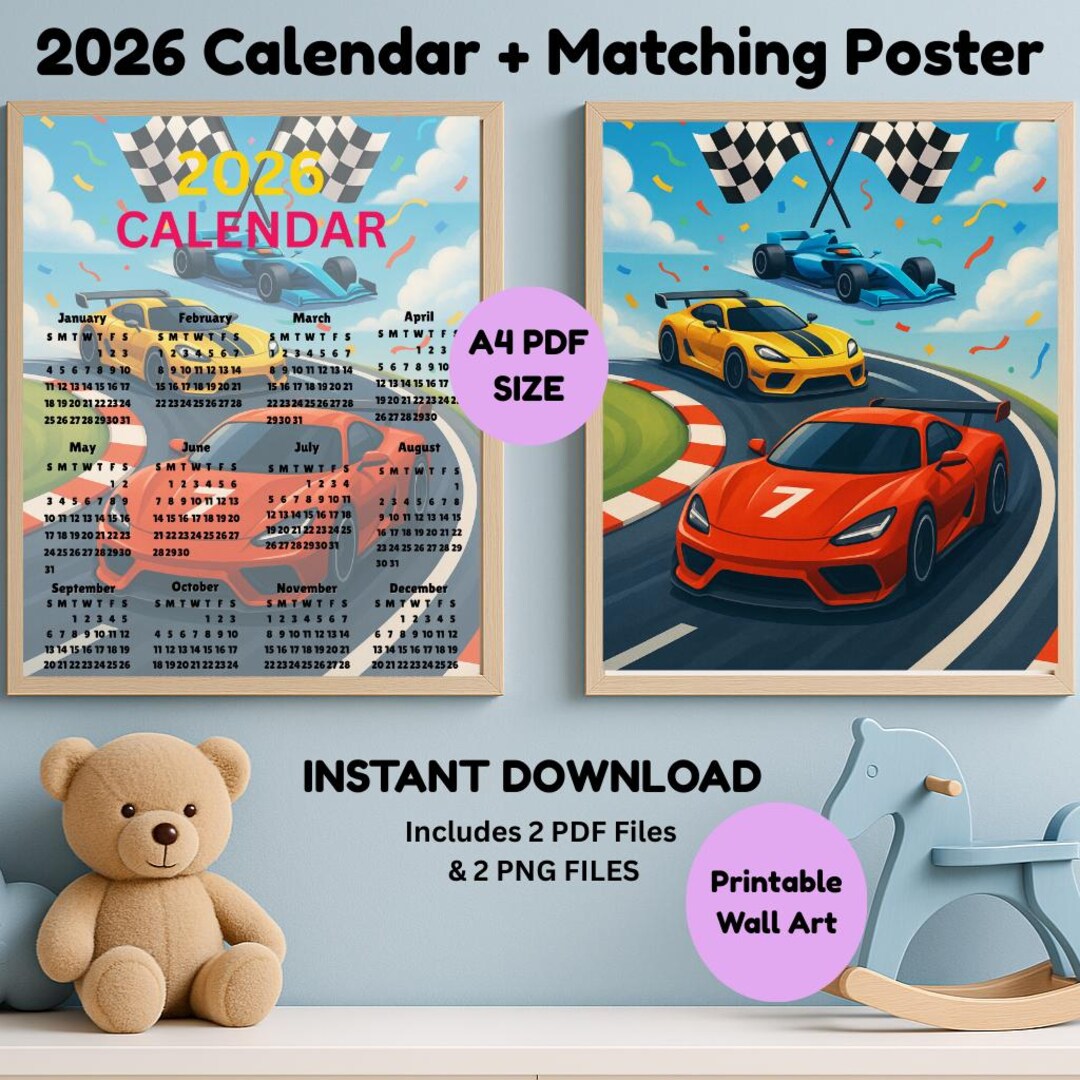 Kids 2026 Calendar Printable + Racing Cars Poster | Boys Room Decor ...