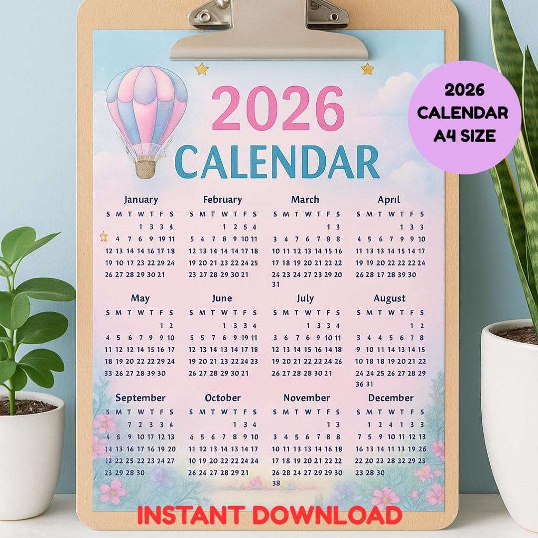 2026 Calendar Printable A4 | Pastel Hot Air Balloon Calendar | Floral ...