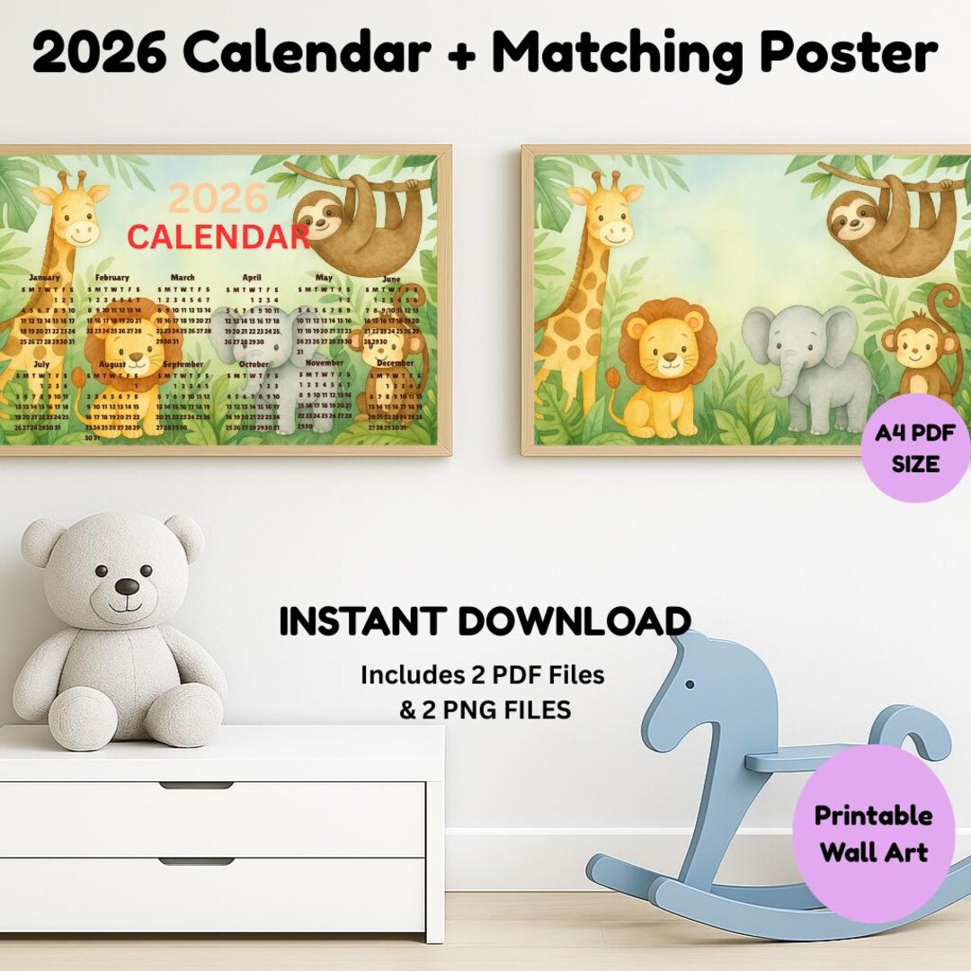 2026 Kids Jungle Calendar Printable + Matching Poster | Nursery Wall ...