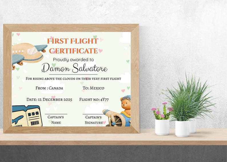 Editable First Flight Certificate, Kids Travel Keepsake (digital ...