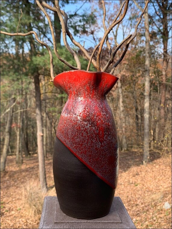 Slender RED VASE Runny Ceramic Glaze Fresh Flower - Etsy