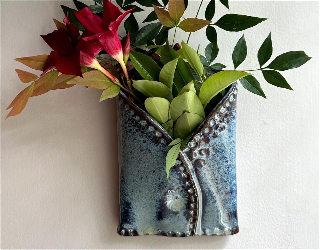 Rustic WALL POCKET | Fresh or Dry Flower Vase, Blue Green Planter, Wall ...