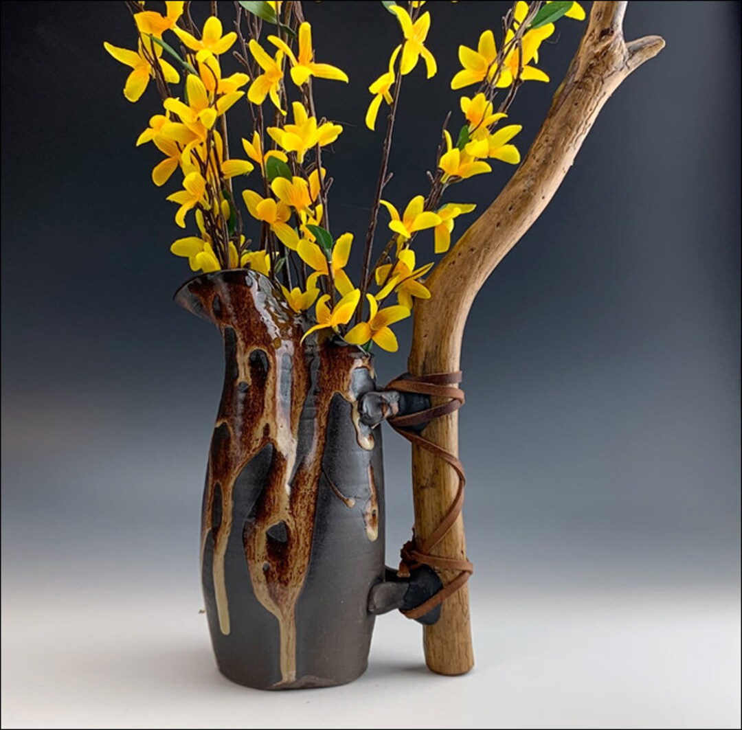 Rustic CERAMIC VASE Pitcher Centerpiece, Primitive Wood Branch, Foyer ...
