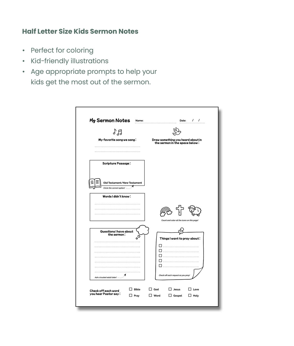Kids Sermon Notes Printable – Church Activity Sheet (half Letter ...