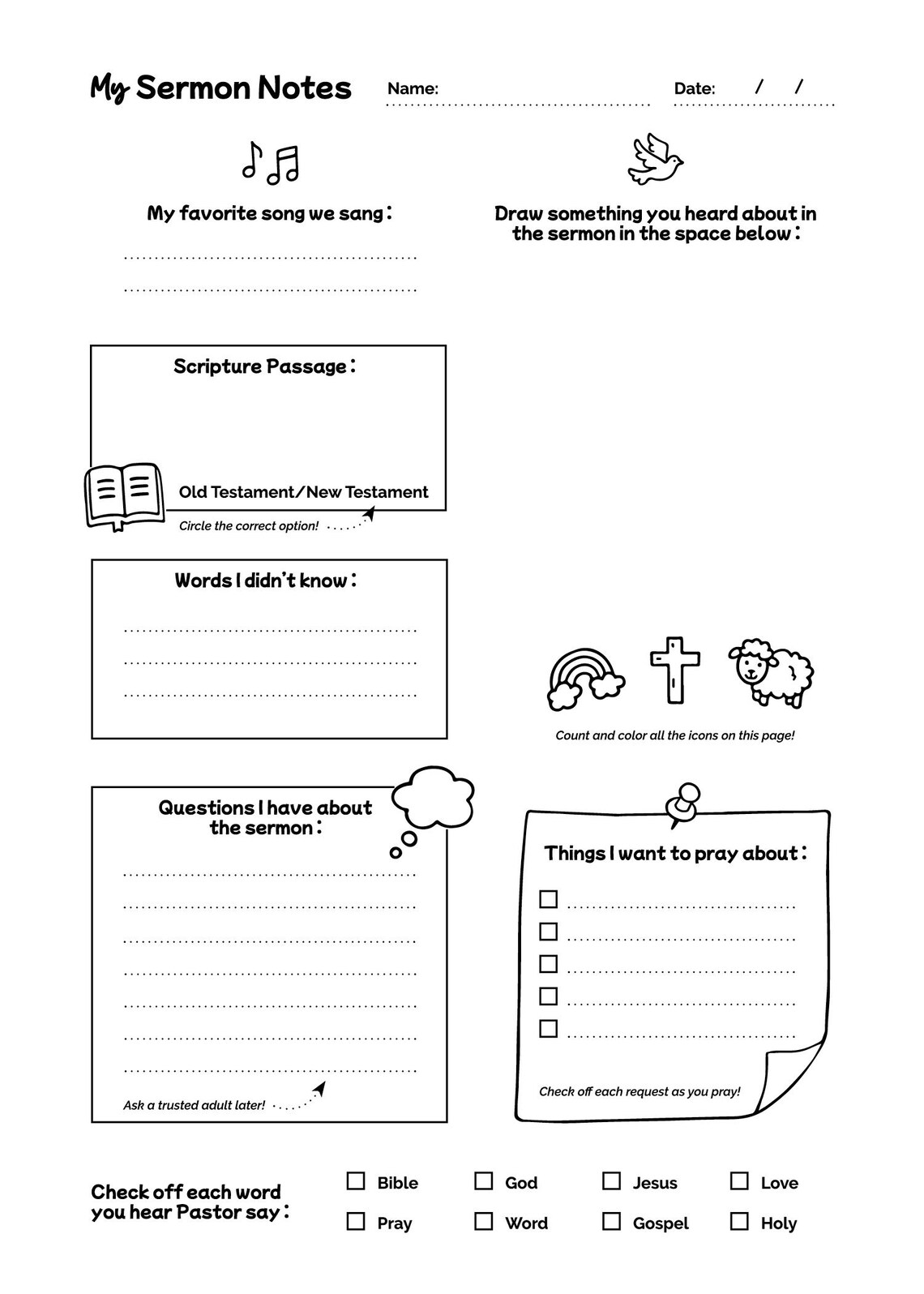 Kids Sermon Notes Printable – Church Activity Sheet (half Letter ...