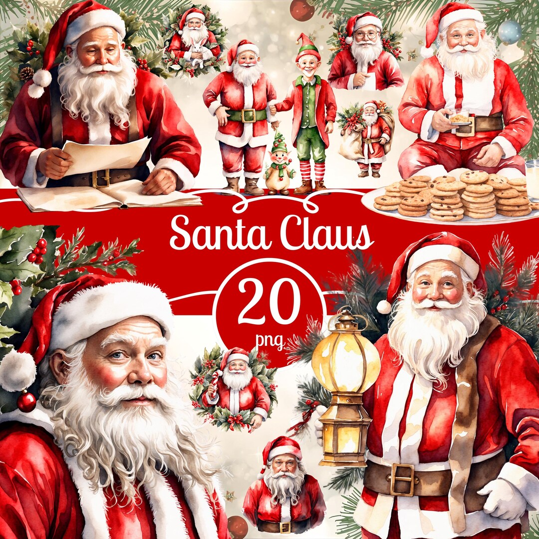 Santa Claus Clipart Set, Christmas Watercolour Santa PNG, Holiday ...