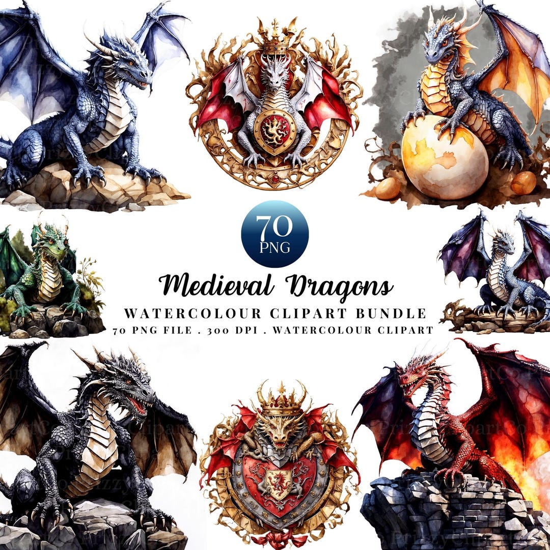 Medieval Dragons Watercolour PNG Clipart Bundle (70 Pngs) | Fantasy ...