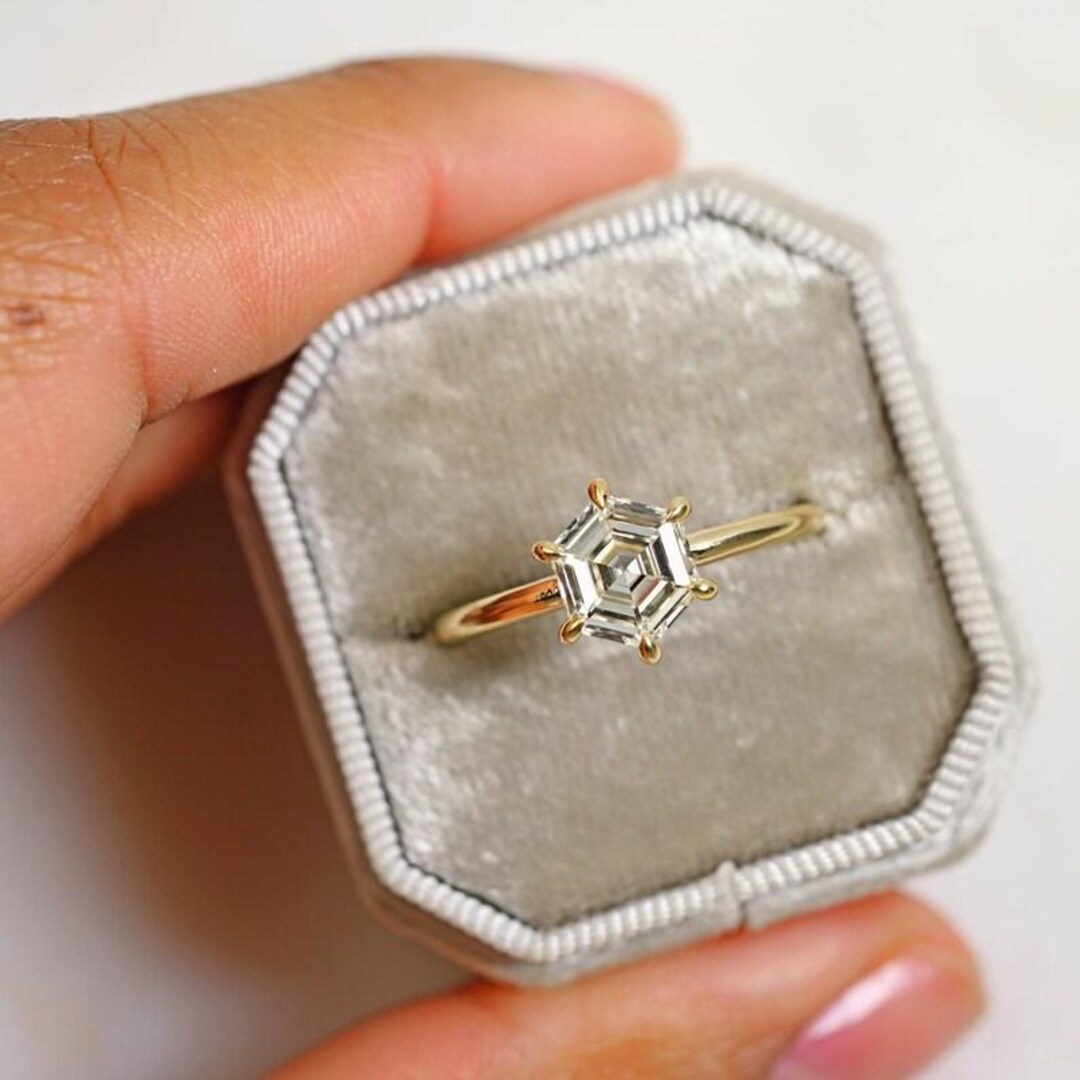 Hexagon Step Cut Moissanite Engagement Ring, Yellow Gold Solitaire - Etsy