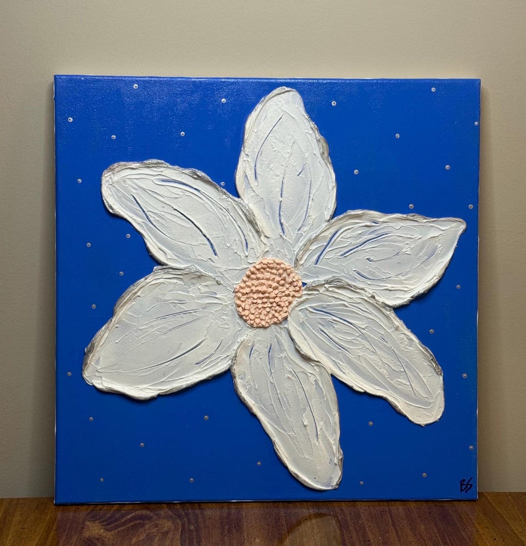 Textured White & Silver Flower Painting | 3D Impasto Acrylic on Canvas ...