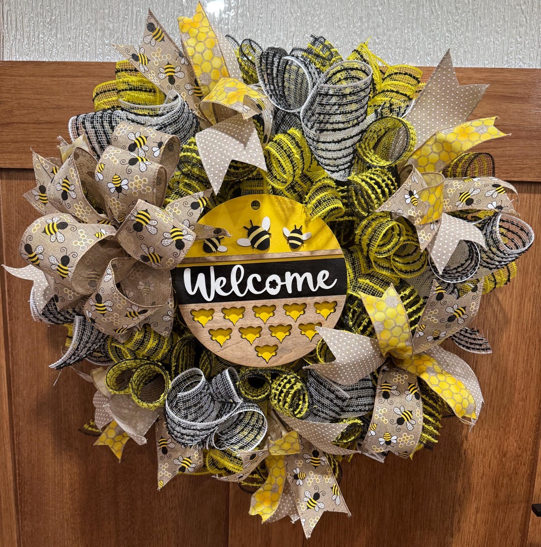 Spring Ready…bumblebee Welcome Deco Mesh and Ribbon Wreath - Etsy