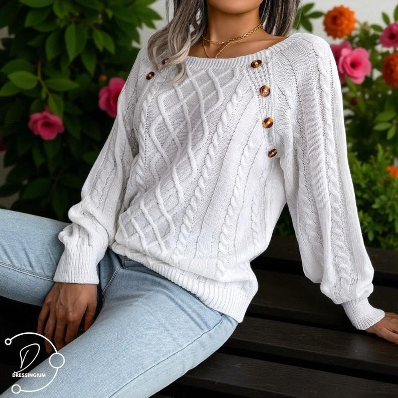 Cable Knit Button Sweater - Relaxed Fit Pullover - Etsy
