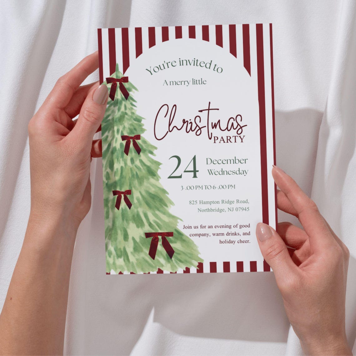 Christmas Party Invitation, Red Bow, Editable Template (digital ...