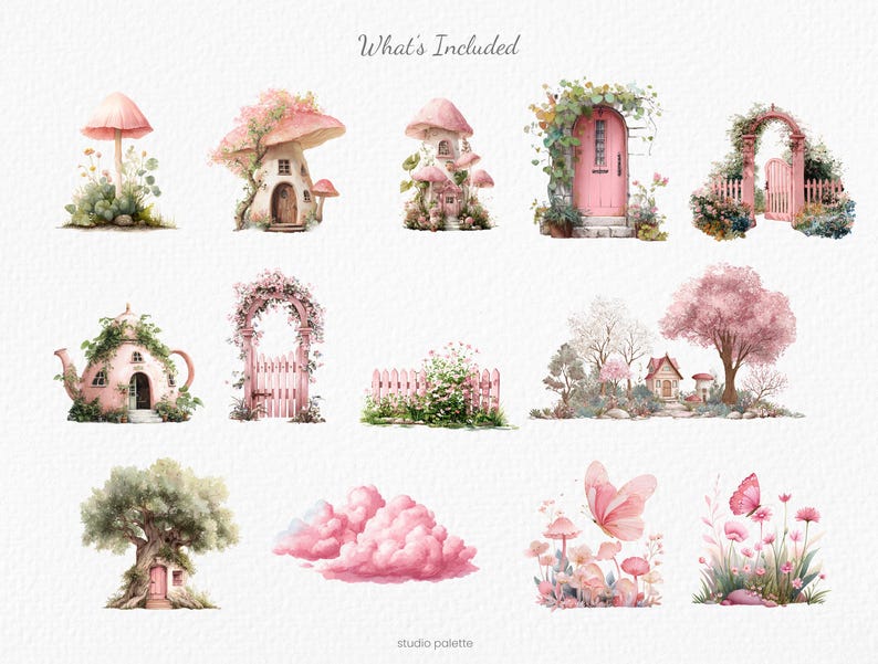 Pink Fairy Garden Clipart Watercolor Fairy Forest Magical Garden PNG ...