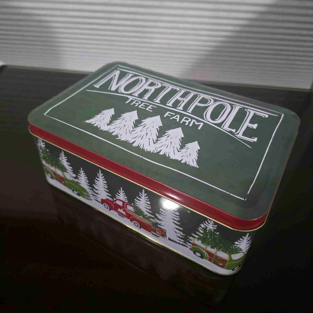 North Pole Tree Farm Christmas Holiday Gift Tin Rectangular Red Green ...