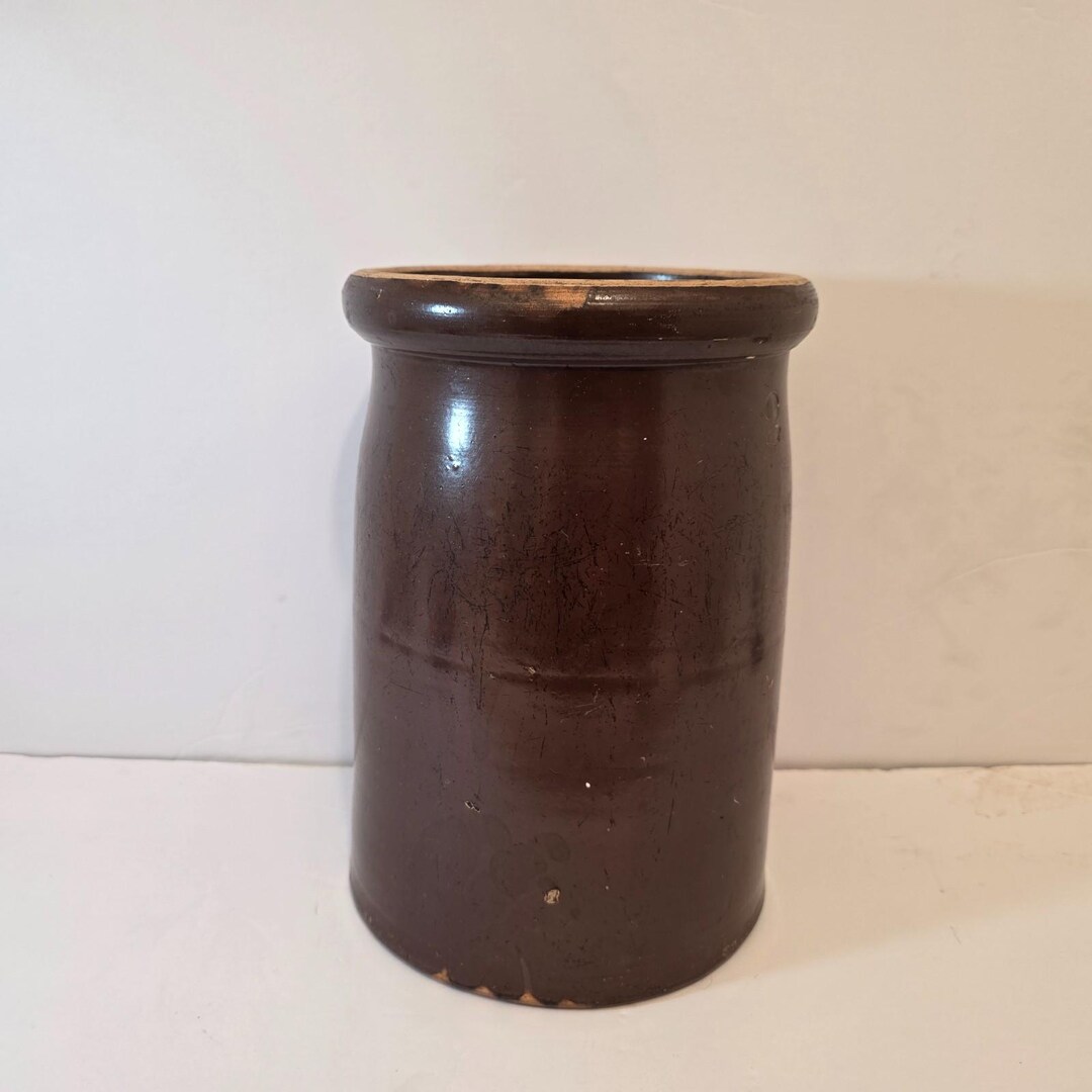 Vintage Large Stoneware Crock 11.5" Brown Salt Glazed Primitive ...