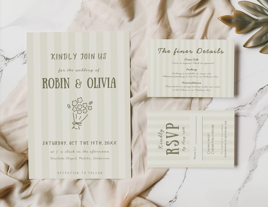 Striped Wedding Invitation Template, Neutral Boho Invite (canva Digital ...