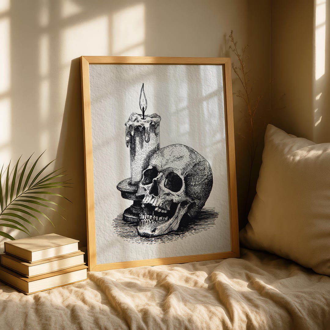Vintage Gothic Skull Drawing – Spooky Candle Stipple Art (digital ...