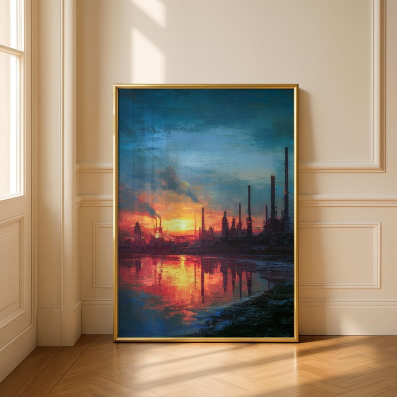 Dystopian Factory Skyline Art Print – Moody Industrial Sunset (digital ...