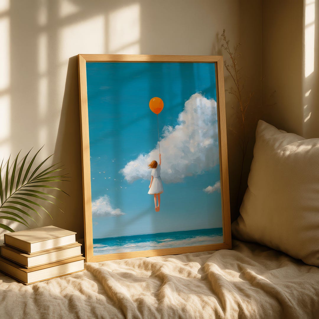 Dreamy Sky Landscape Printable - Young Girl With Orange Balloon ...