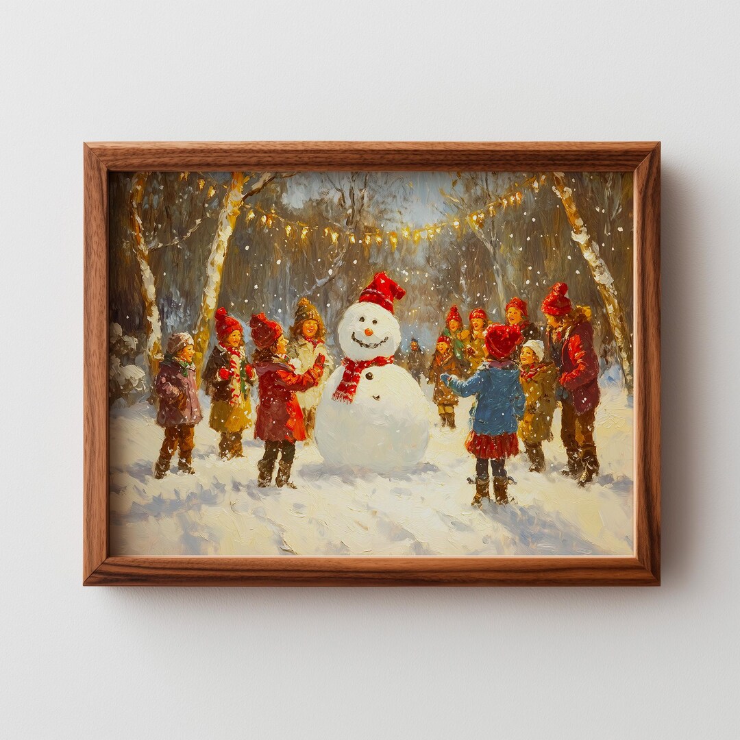Vintage Winter Scene Print – Children Building Snowman, Cozy Family ...