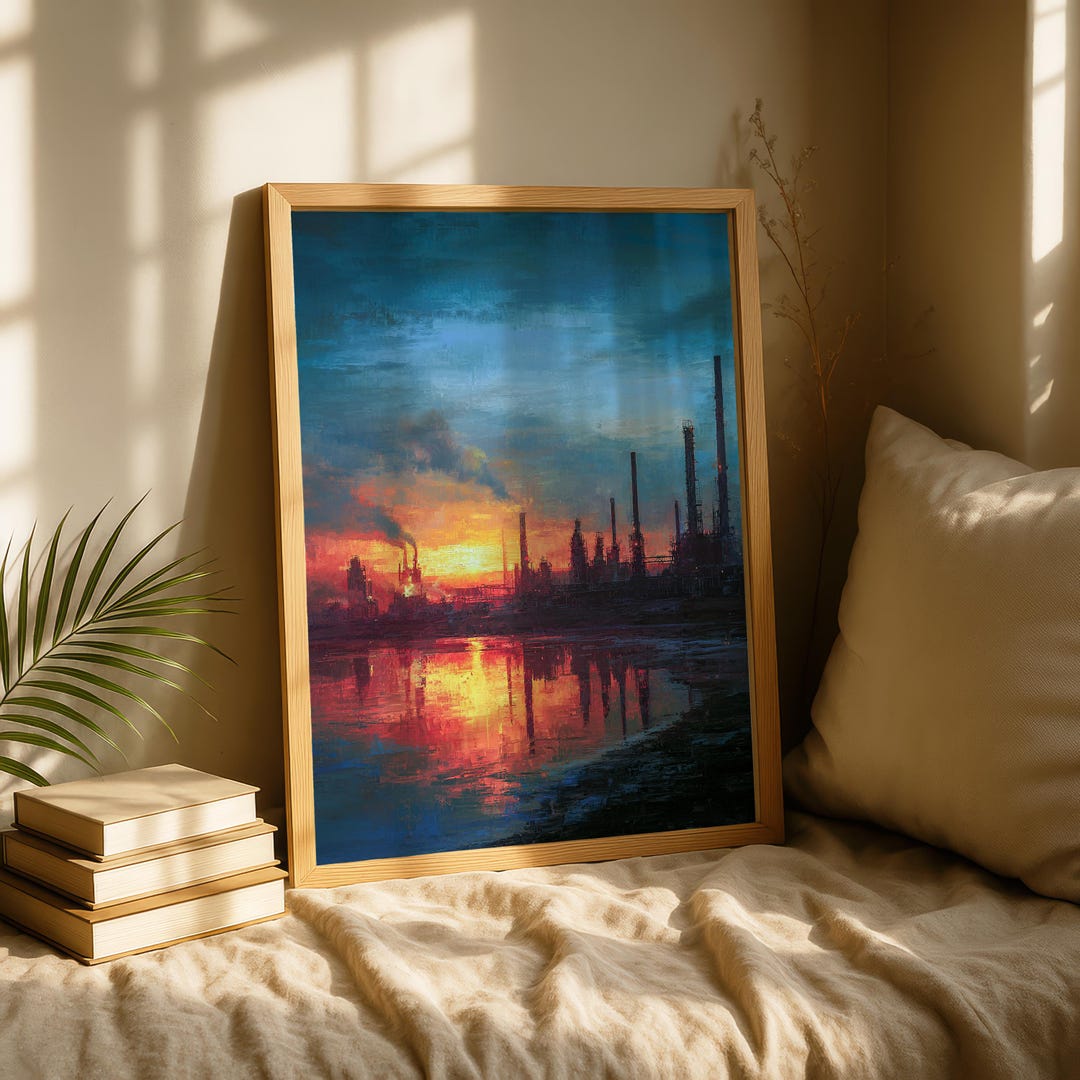 Dystopian Factory Skyline Art Print – Moody Industrial Sunset (digital ...