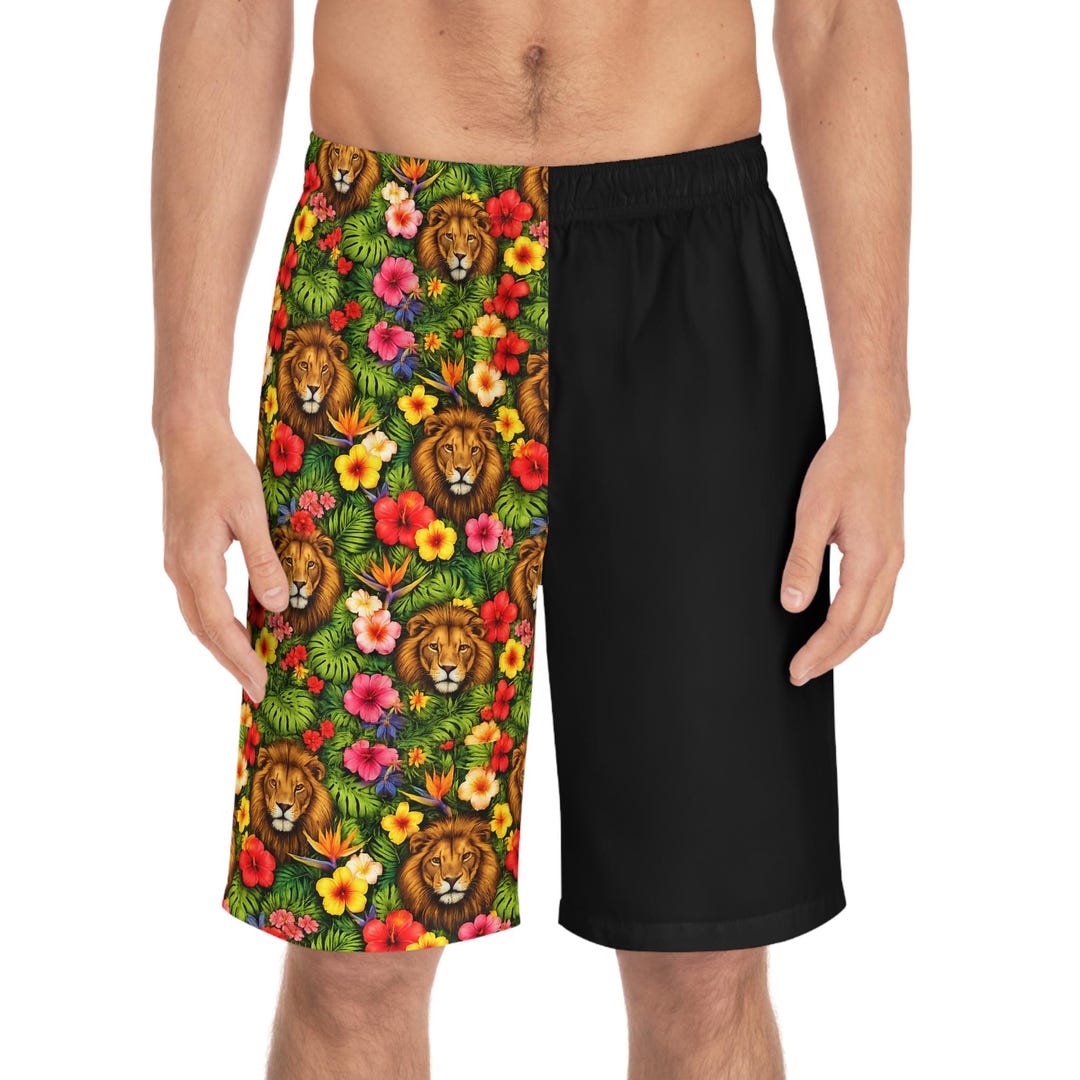 Lion Floral Pattern Board Shorts | Tropical Hibiscus Swim Trunks - Etsy